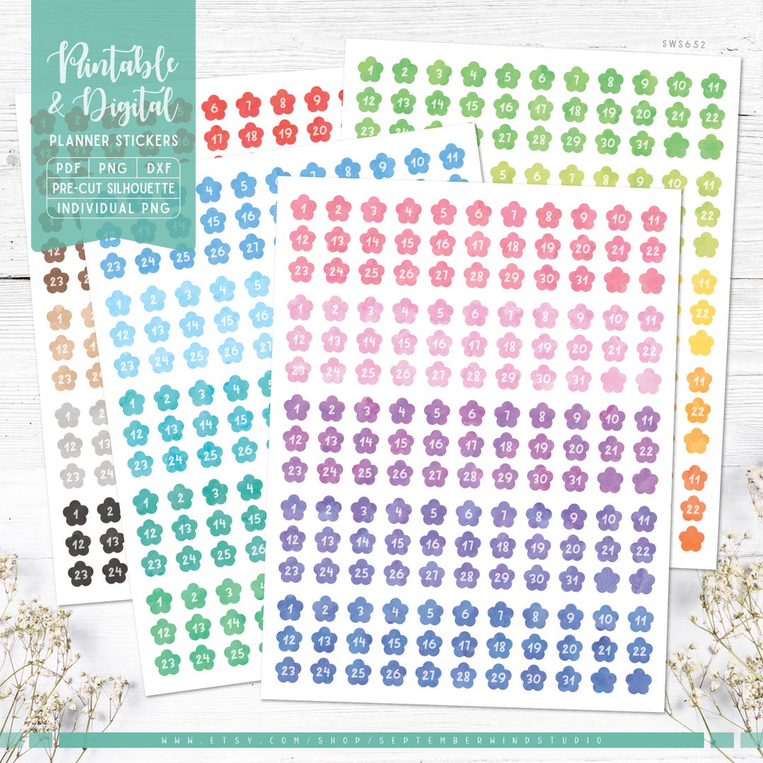 Date Number Planner Stickers: Printable & Digital (PDF, Cricut ...