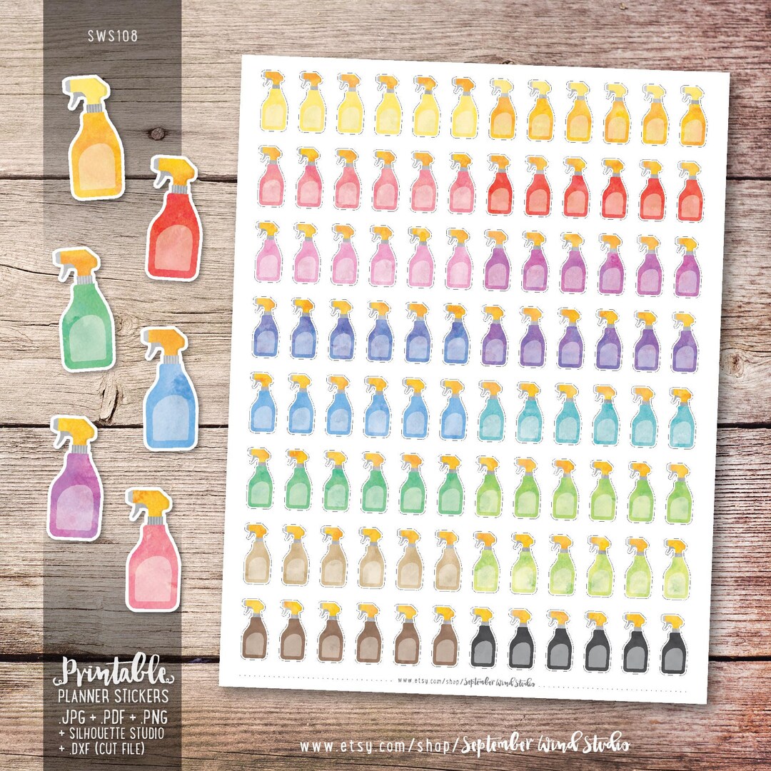 Spray Bottle Printable Planner Stickers Watercolor Spray - Etsy