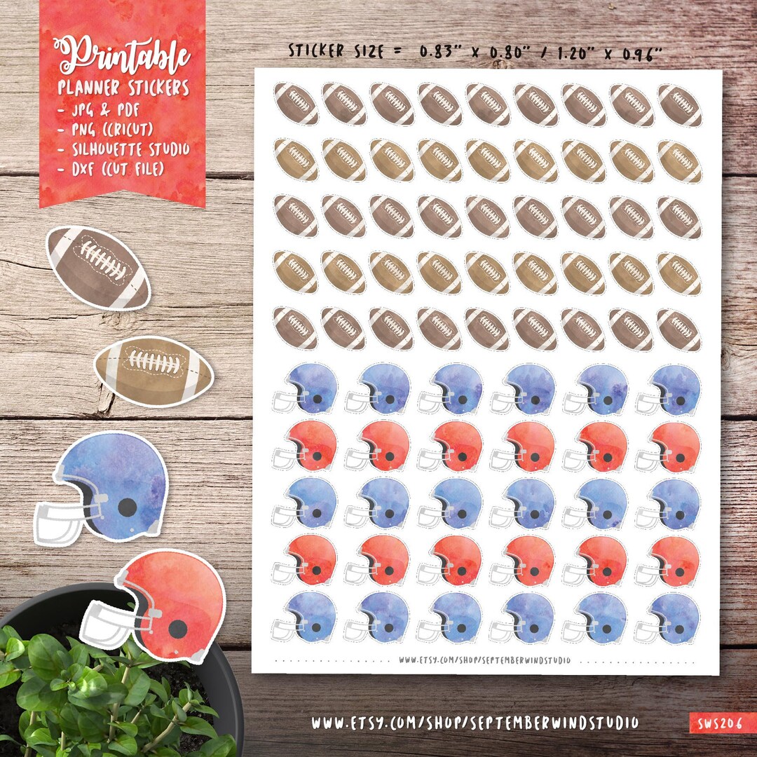 Football Printable Planner Stickers, Watercolor Football Stickers, Erin ...