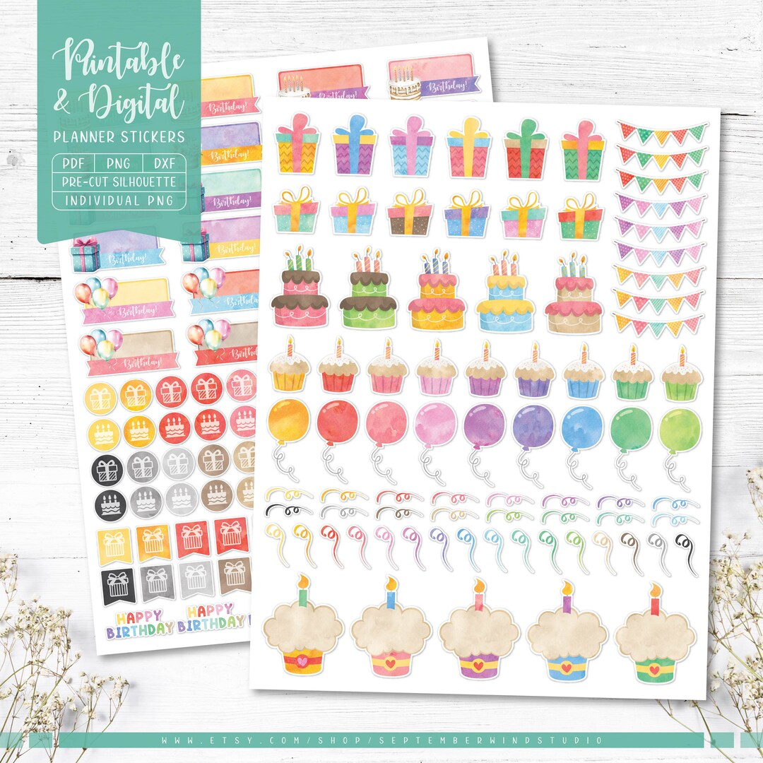 Birthday Planner Stickers: Printable & Digital (PDF, Cricut, Silhouette ...