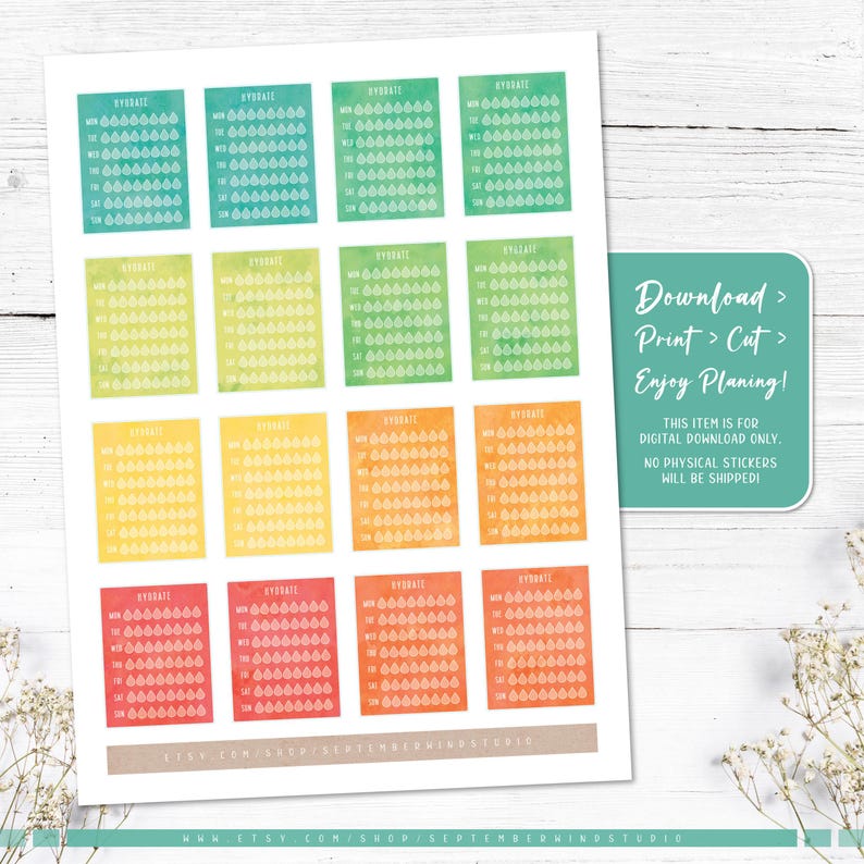 Hydrate Planner Stickers: Printable & Digital (PDF, Cricut, Silhouette ...