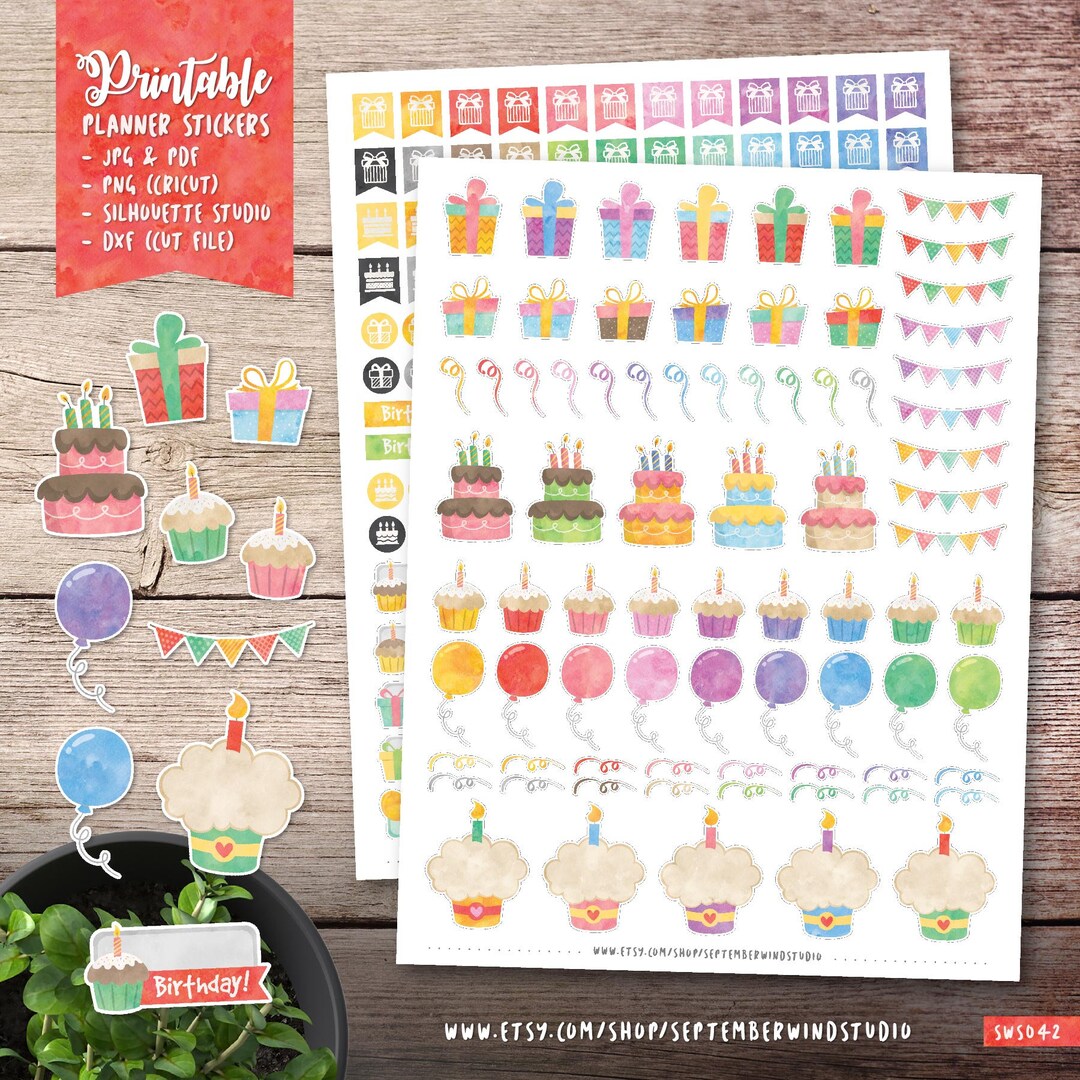 Birthay Printable Planner Stickers, Watercolor Birthday Stickers, Erin ...