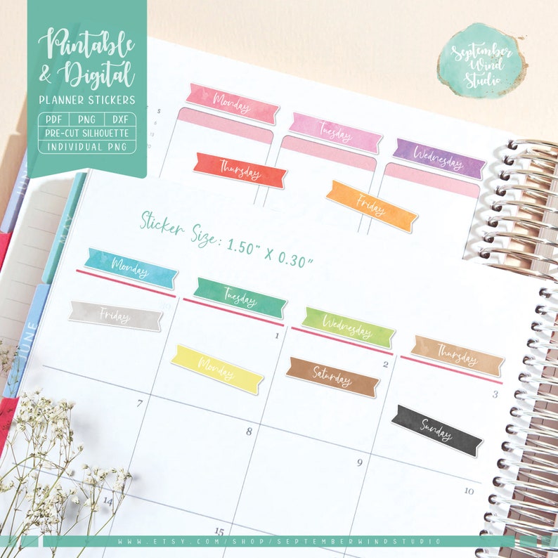 Days of the Week Planner Stickers: Printable & Digital (PDF, Cricut ...
