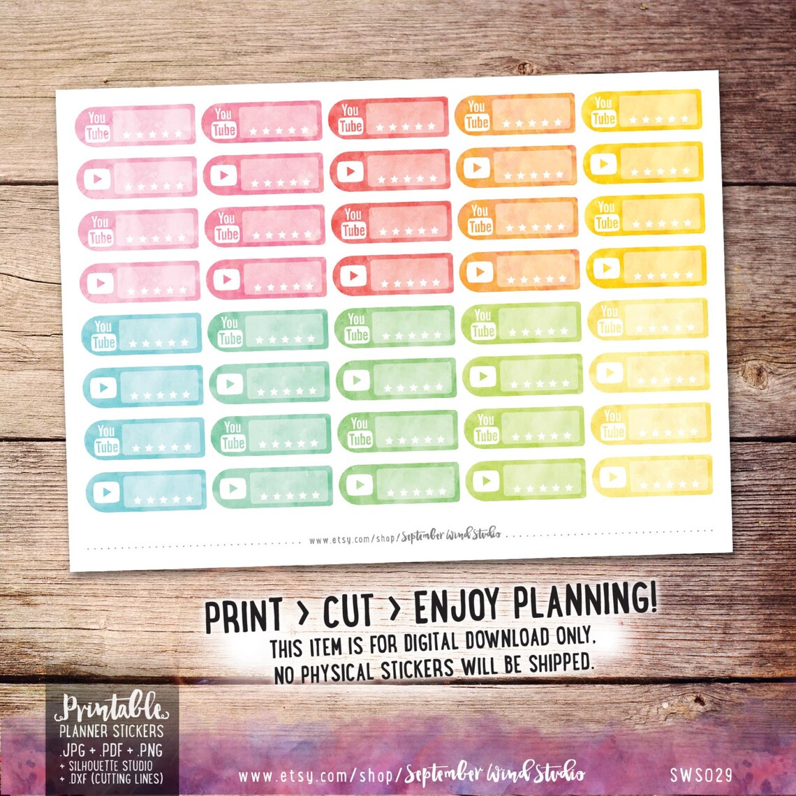 Watercolor Youtube Printable Planner Stickers Youtube - Etsy