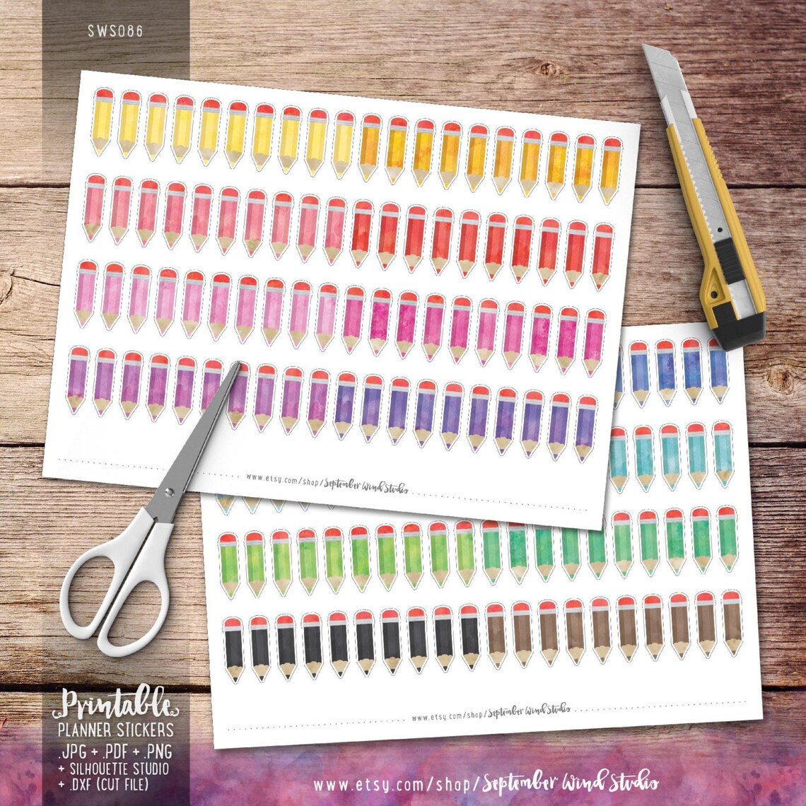 Pencil Printable Planner Stickers Pencil Stickers Watercolor - Etsy