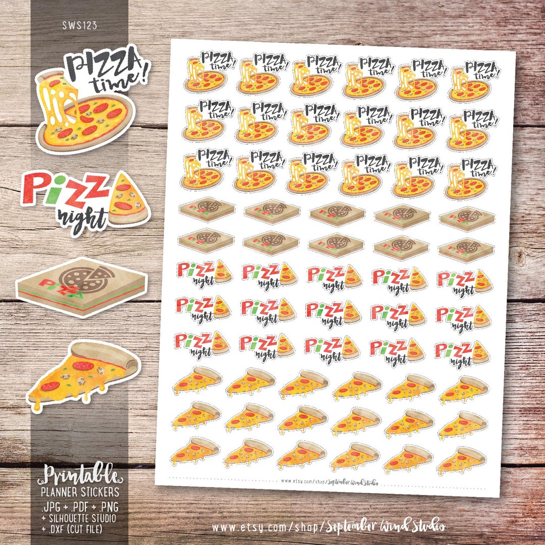 Pizza Time Printable Planner Stickers, Watercolor Pizza Stickers, Pizza ...