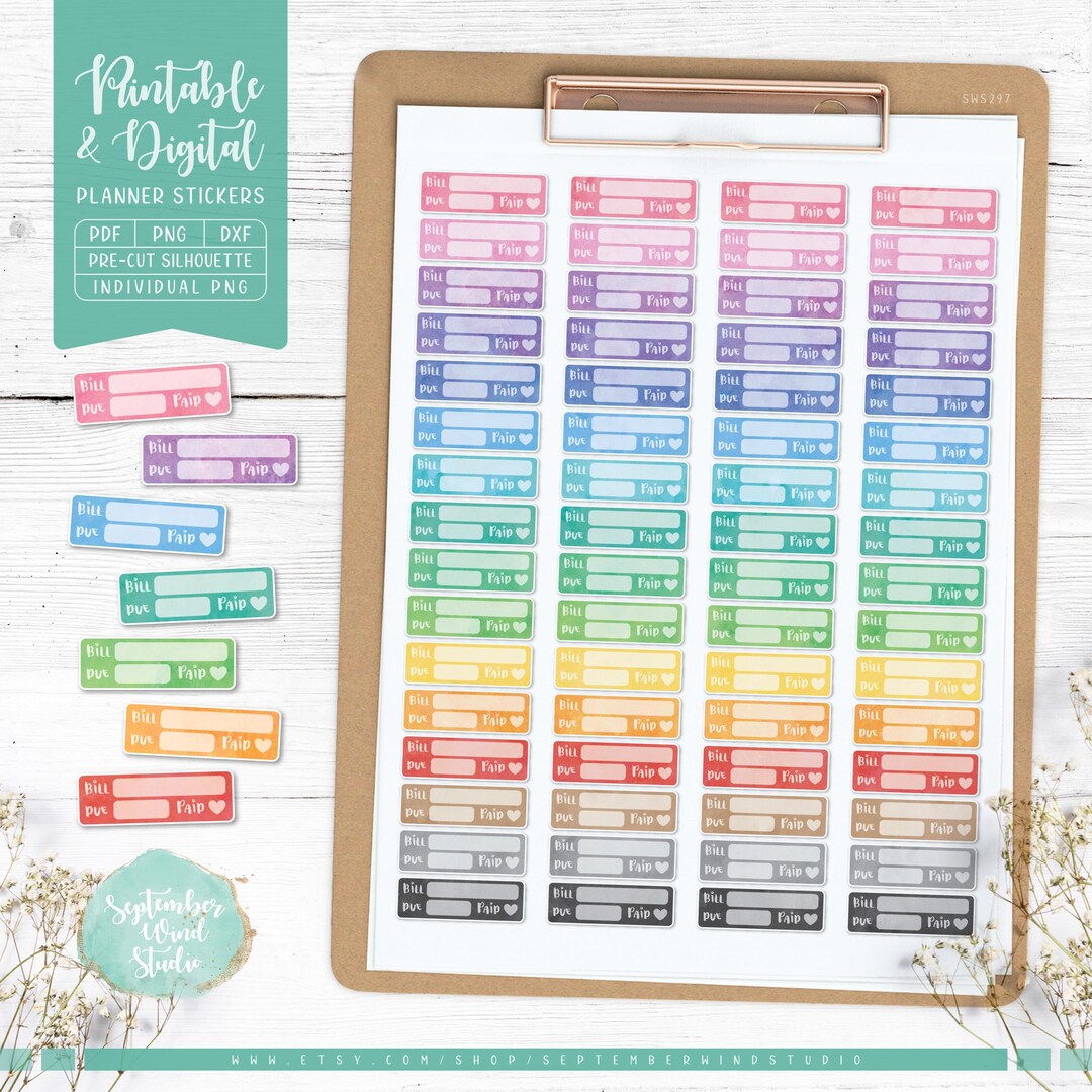 Bill Due Planner Stickers: Printable & Digital (PDF, Cricut, Silhouette ...