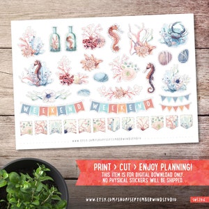 Sea Coral Printable Planner Stickers, Watercolor Weekly Kit Printable ...