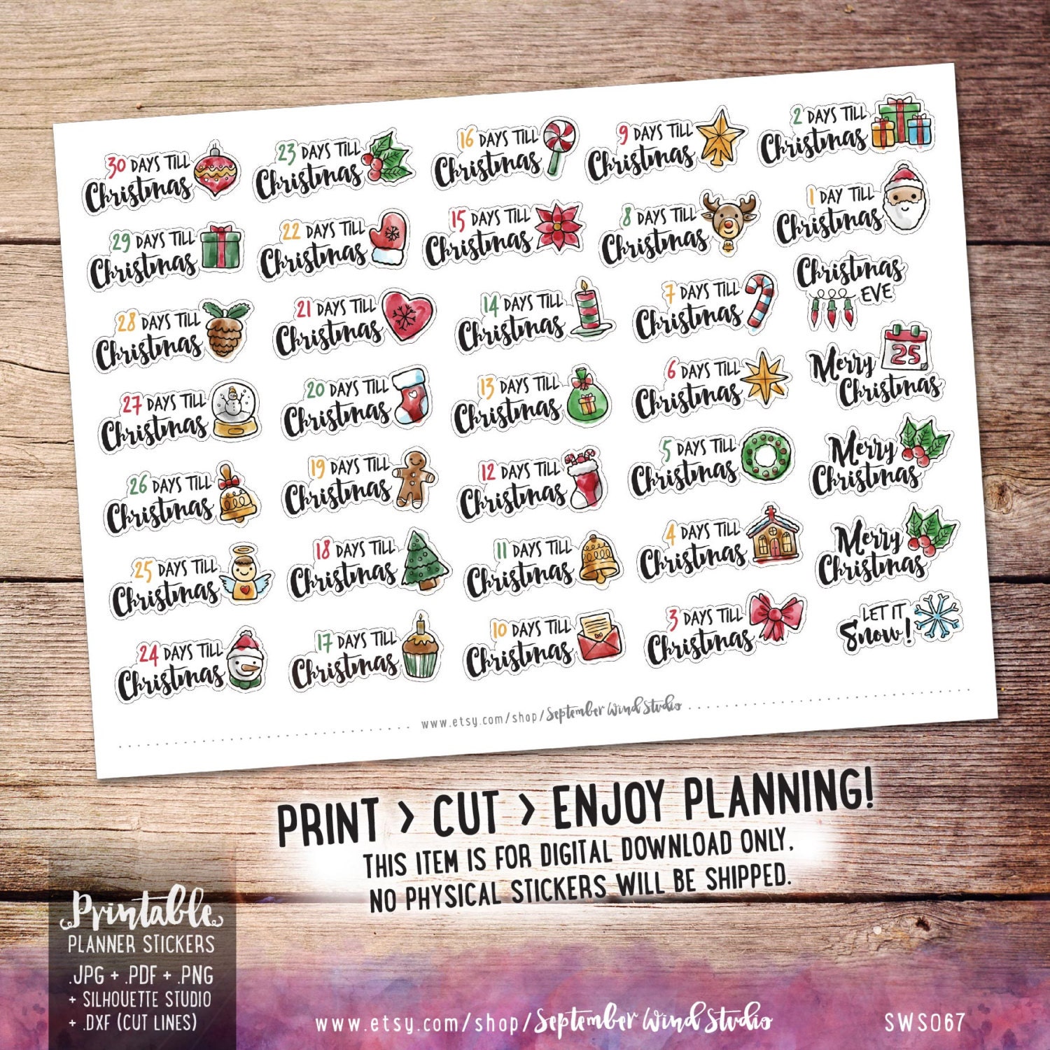 Christmas Countdown Printable Planner Stickers Watercolor - Etsy