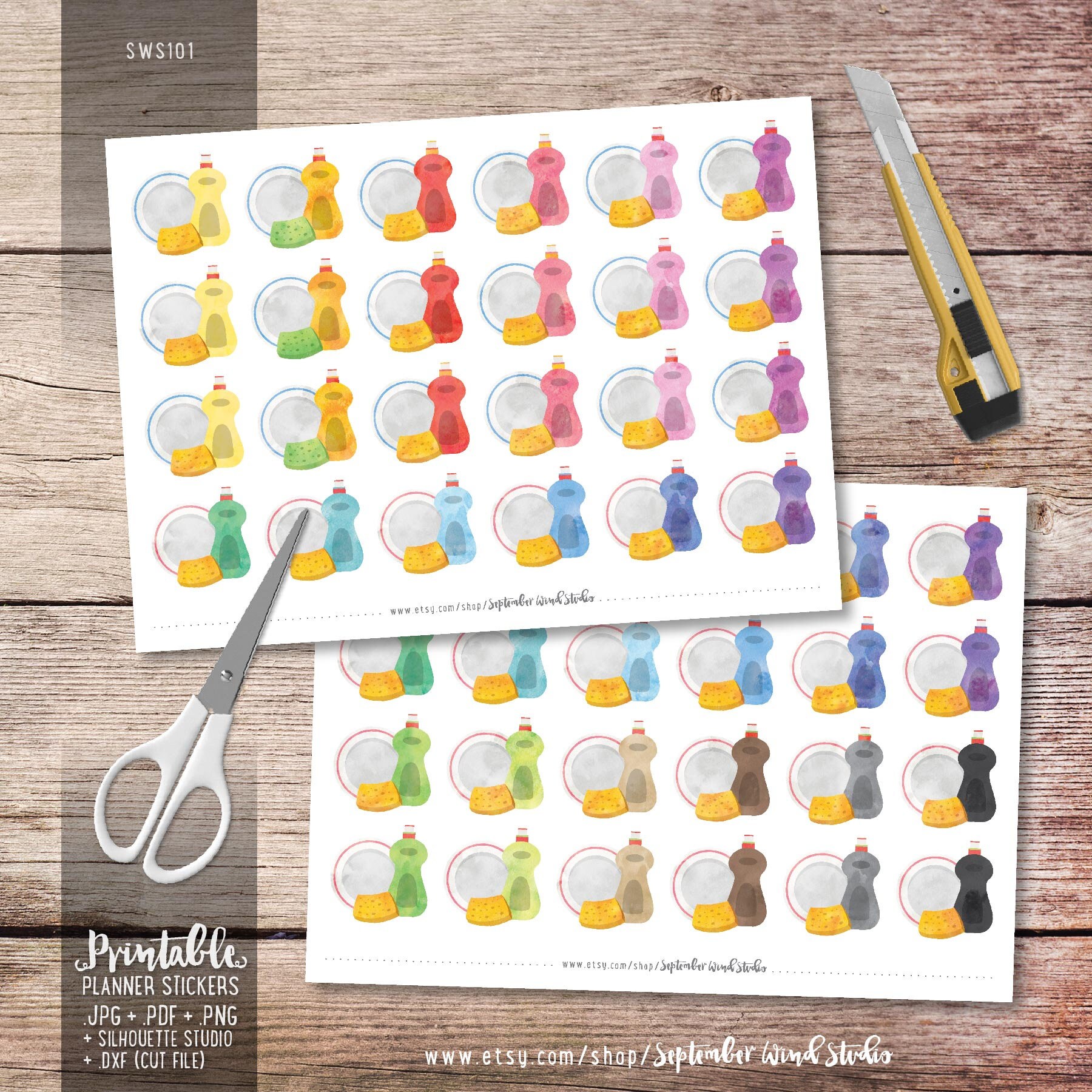 Wash Dishes Printable Planner Stickers Watercolor Wash Dishes - Etsy
