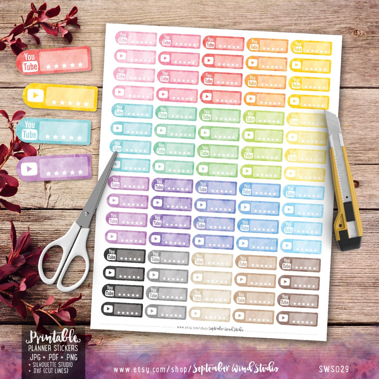 Watercolor Youtube Printable Planner Stickers Youtube - Etsy