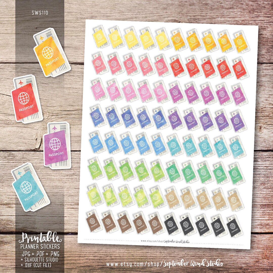 Passport Printable Planner Stickers, Watercolor Passport Stickers ...
