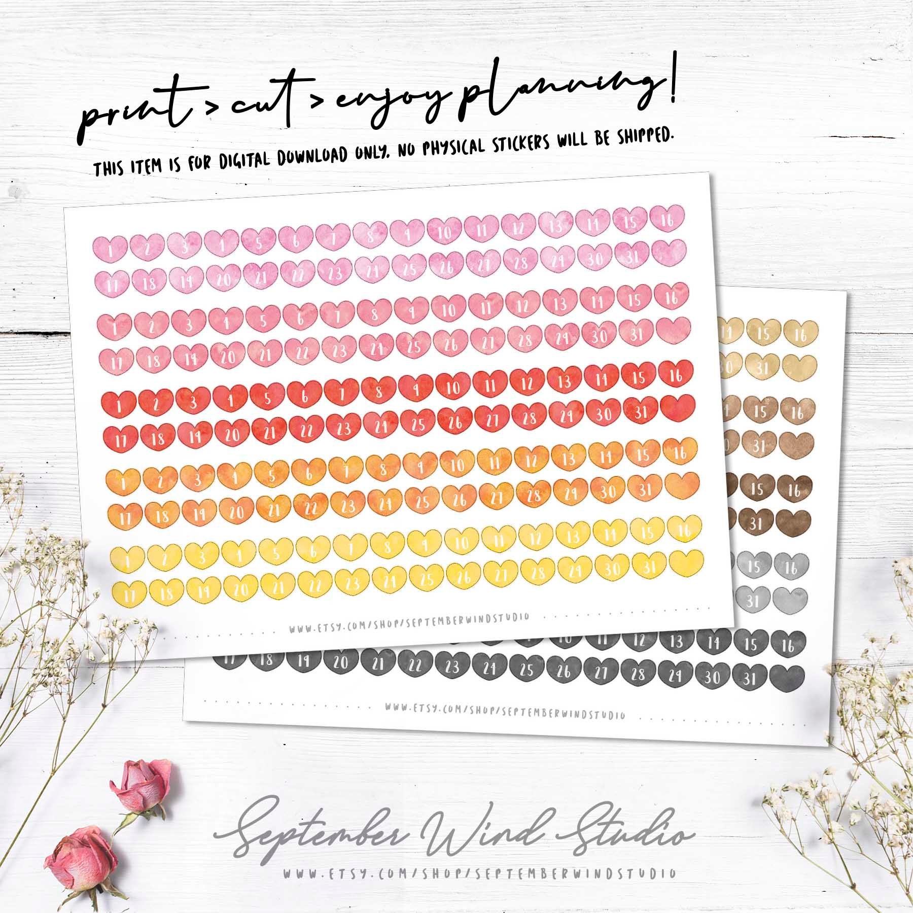 Heart Date Printable Planner Stickers Date Cover Watercolor | Etsy