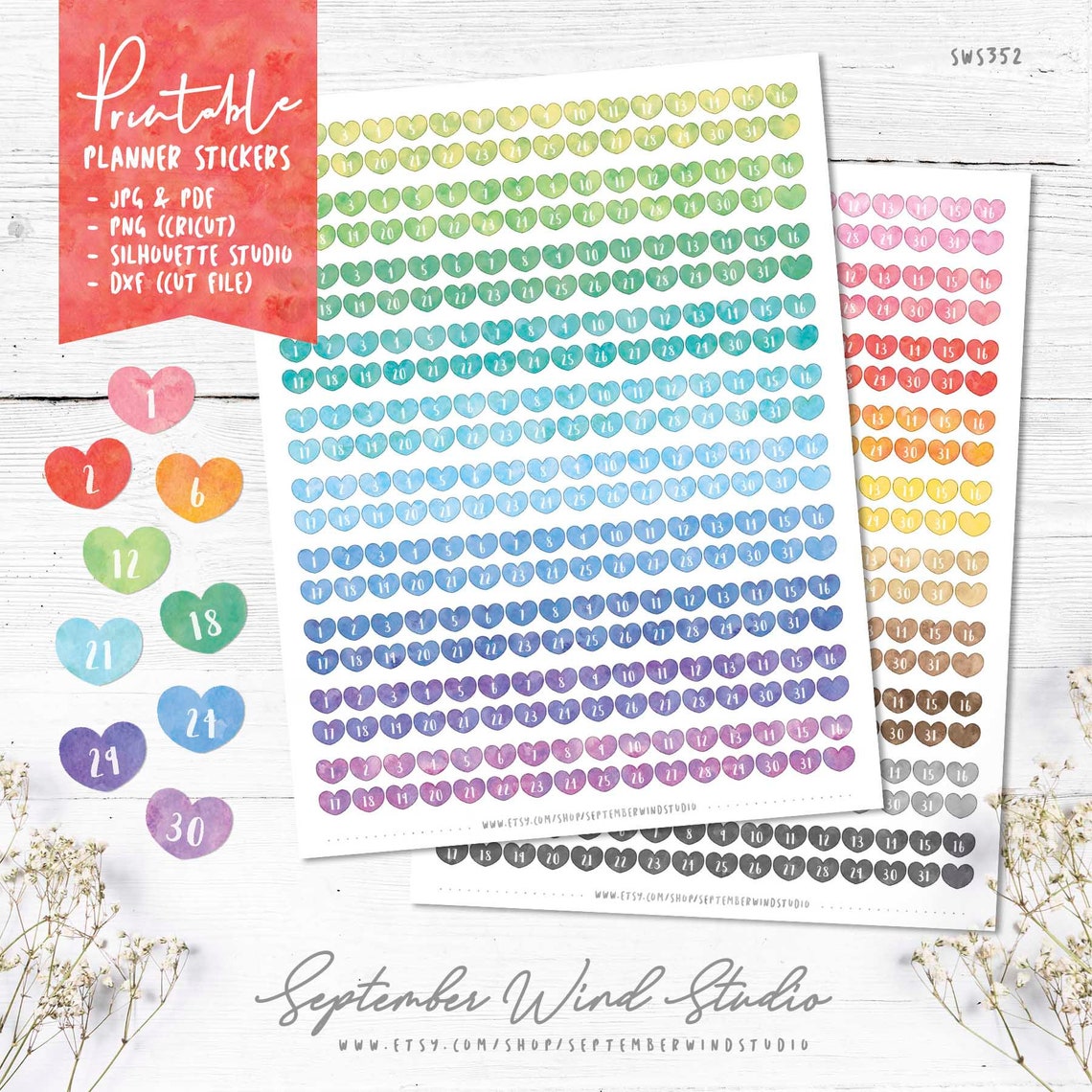 Heart Date Printable Planner Stickers Date Cover Watercolor | Etsy