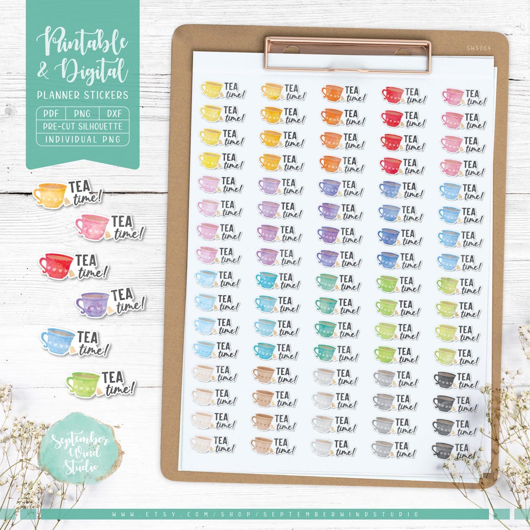 Tea Time Printable Planner Stickers, Tea Time Digital Stickers, Pre ...