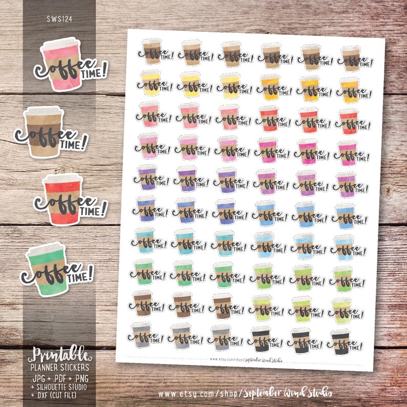 Coffee Time Printable Planner Stickers Watercolor Coffee Time - Etsy