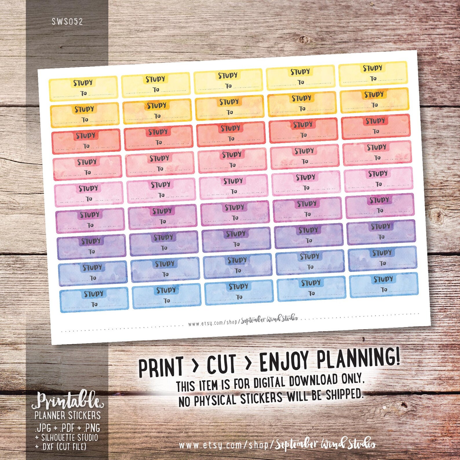 Study Time Printable Planner Stickers Watercolor Study | Etsy