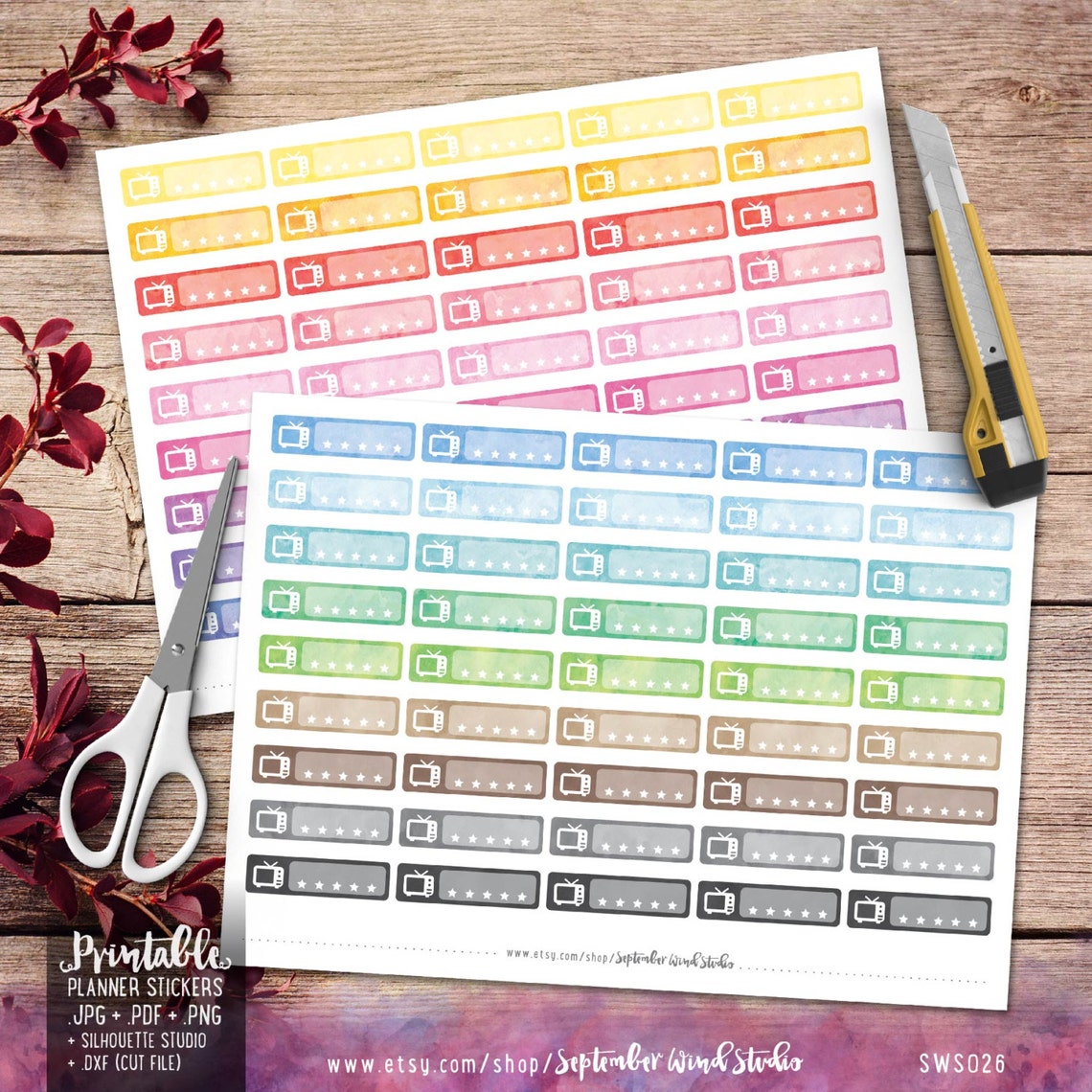 TV Movie Printable Planner Stickers Watercolor TV Movie - Etsy