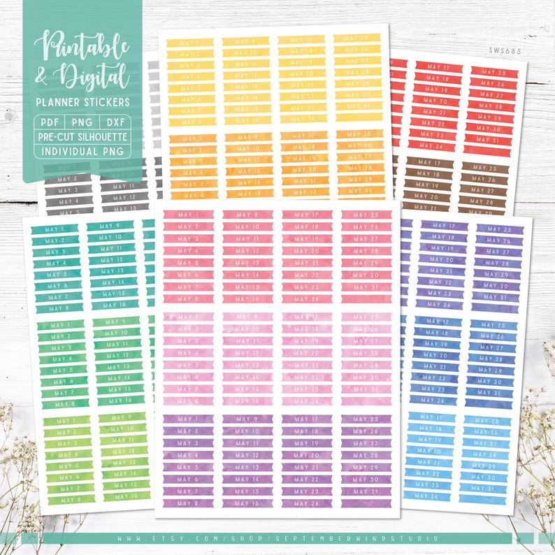 Yearly Date Planner Stickers: Printable & Digital (PDF, Cricut ...