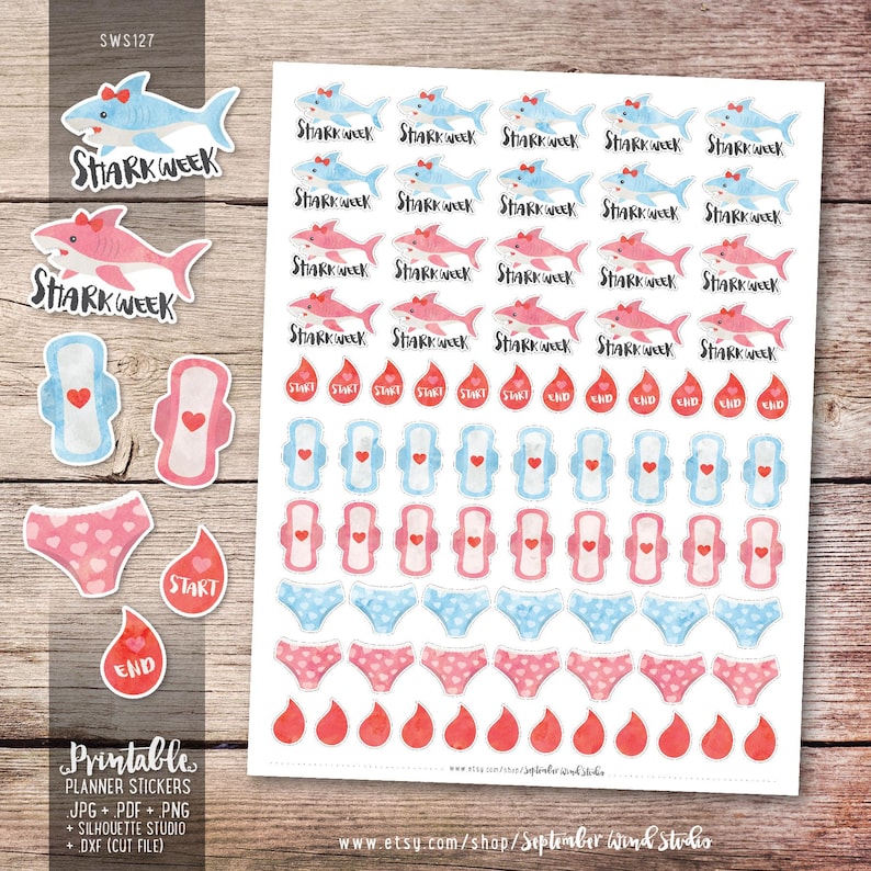 Shark Week Period Tracker Printable Planner Stickers | Etsy