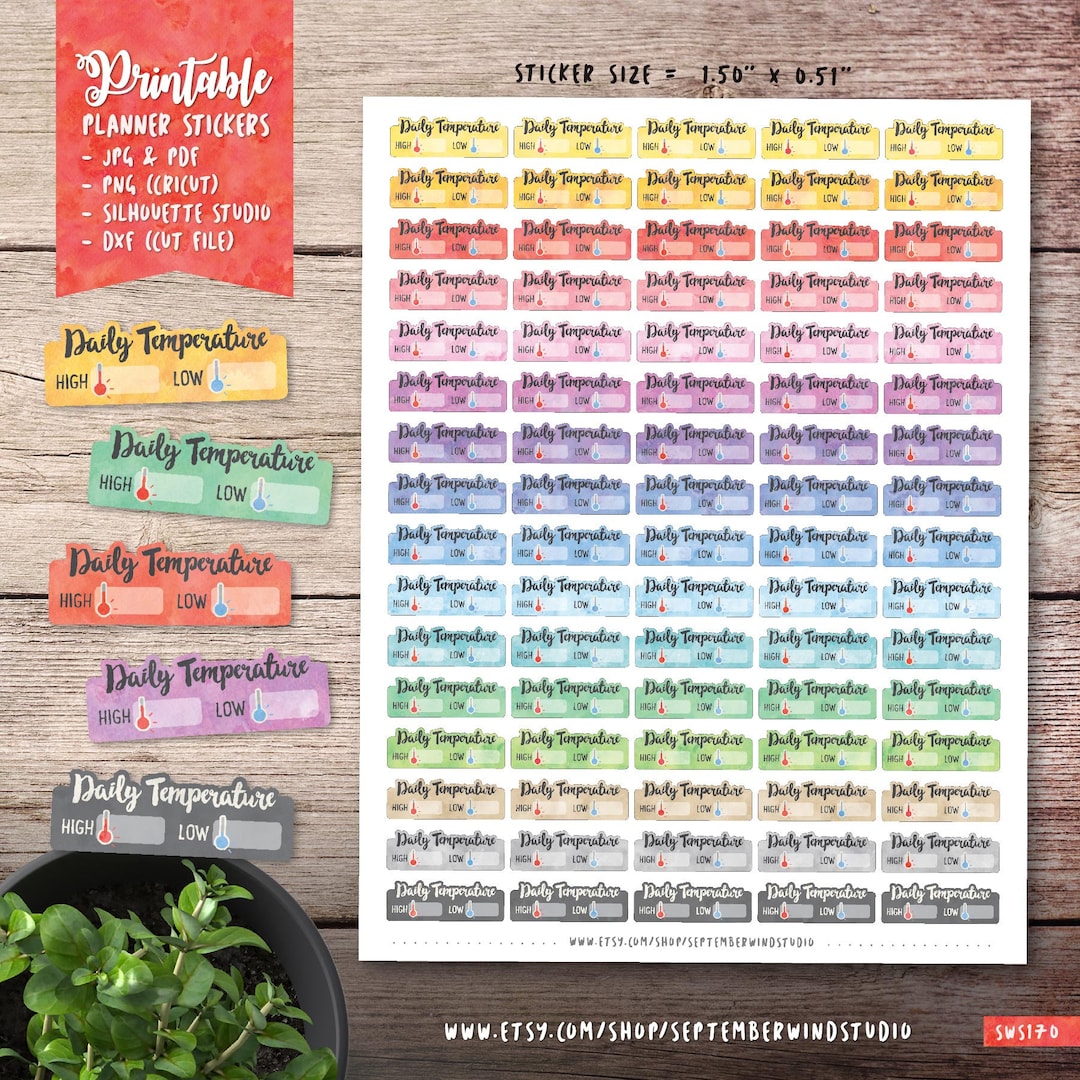 Daily Temperature Printable Planner Stickers, Watercolor Temperature ...