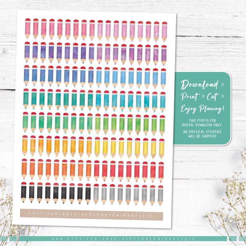 Pencil Planner Stickers: Printable & Digital (PDF, Cricut PNG ...