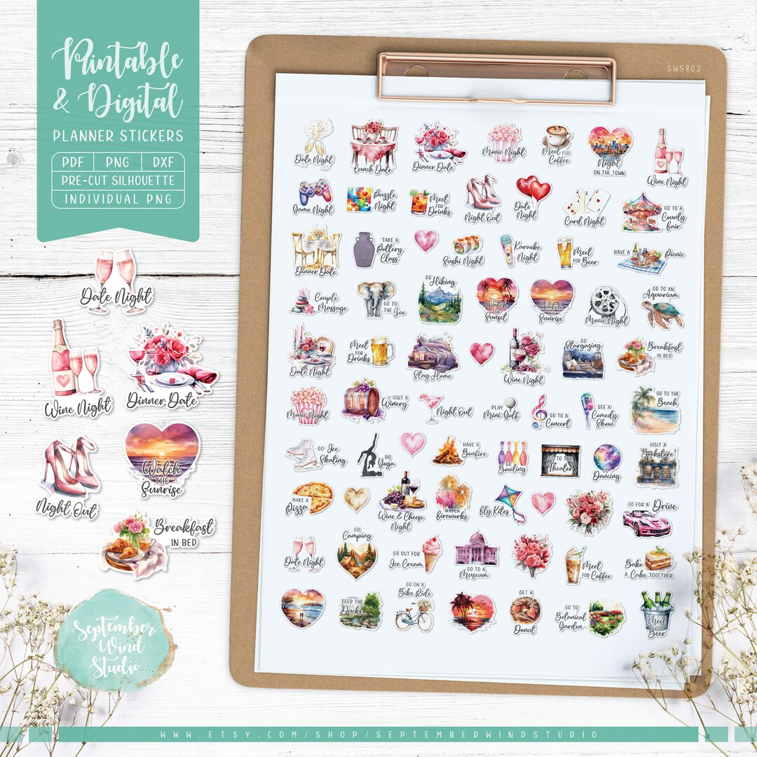 Date Night Printable & Digital Planner Stickers, Date Night, Dinner ...