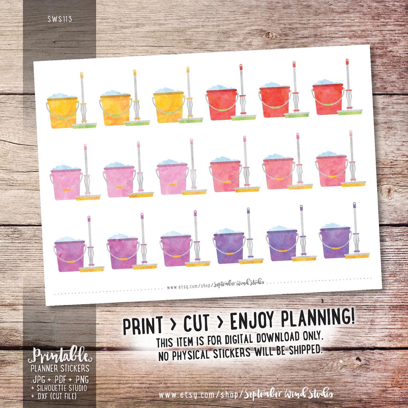 Mop Printable Planner Stickers Watercolor Mopping Stickers | Etsy