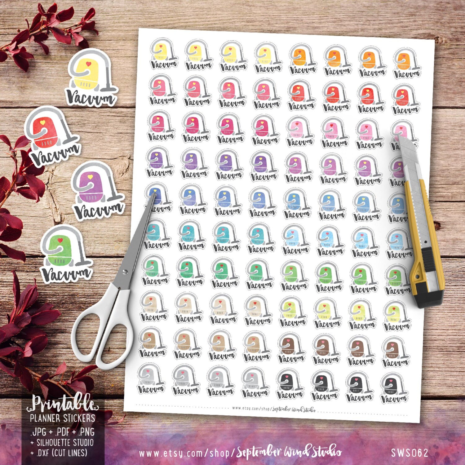 Vacuum Printable Planner Stickers Watercolor Vacuum Stickers | Etsy