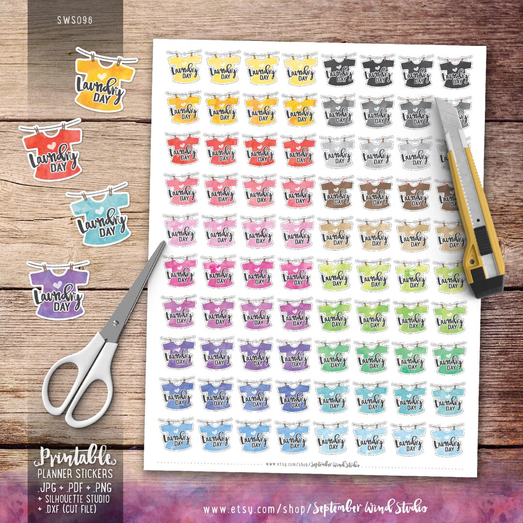 Laundry Day Printable Planner Stickers, Watercolor Stickers, Cleaning ...