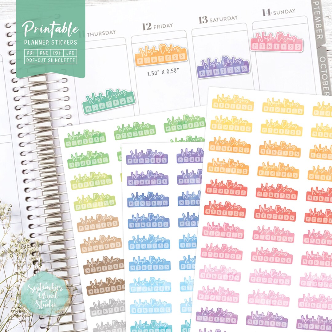 Wash Dishes Printable Planner Stickers, Wash Dishes Tracker Stickers ...