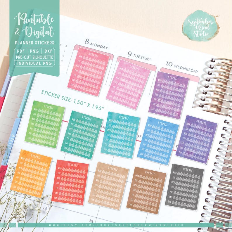 Hydrate Planner Stickers: Printable & Digital (PDF, Cricut, Silhouette ...
