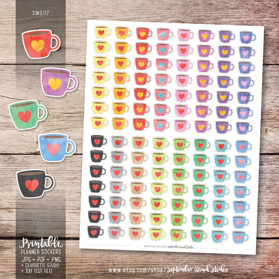 Coffee Cup Printable Planner Stickers, Watercolor Coffee Cup Stickers ...