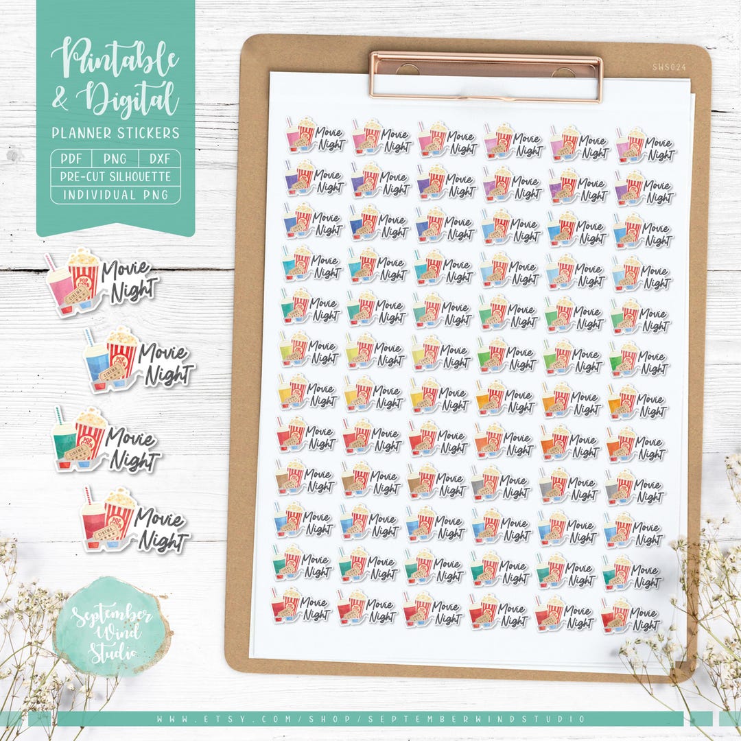 Movie Night Printable Planner Stickers, Movie Night Digital Stickers ...