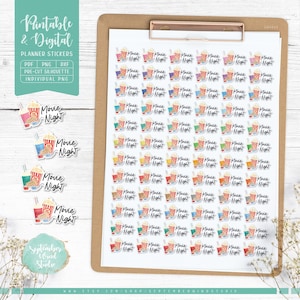Movie Night Printable Planner Stickers, Movie Night Digital Stickers ...