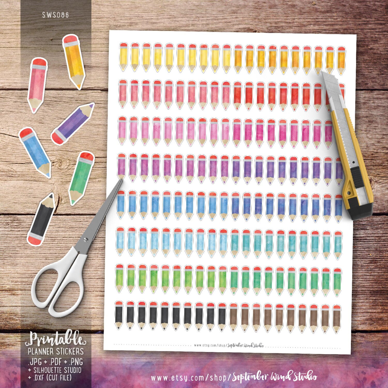 Pencil Printable Planner Stickers Pencil Stickers Watercolor | Etsy