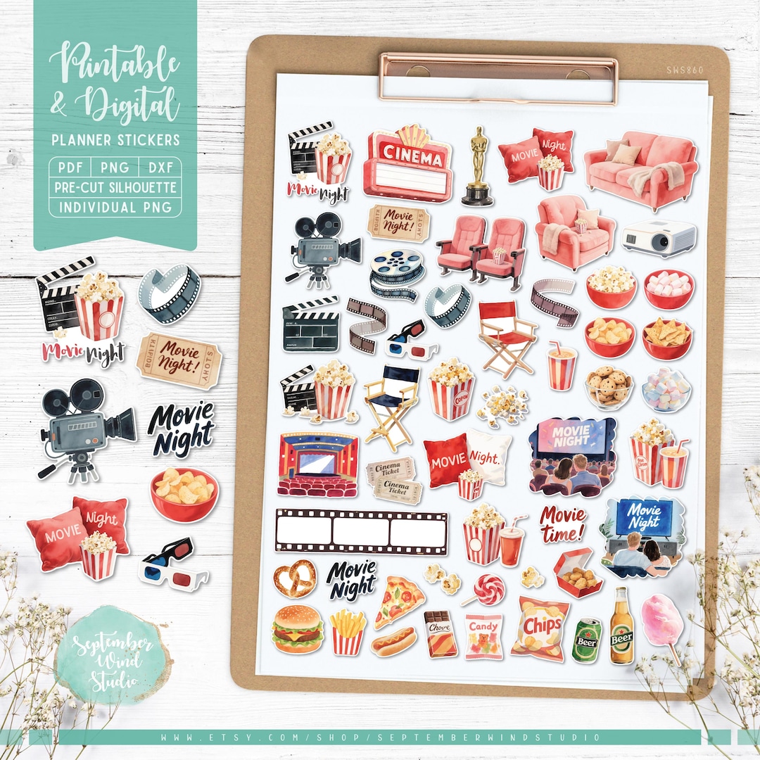 Movie Night Planner Stickers: Printable & Digital (PDF, Cricut ...