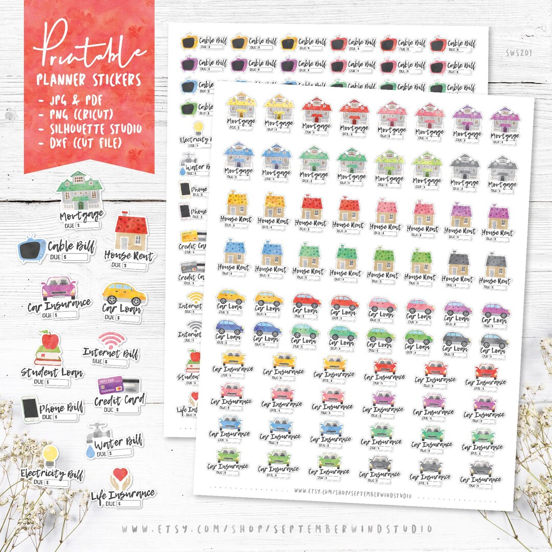 Payment Due Printable Planner Stickers, Watercolor Payment Stickers ...