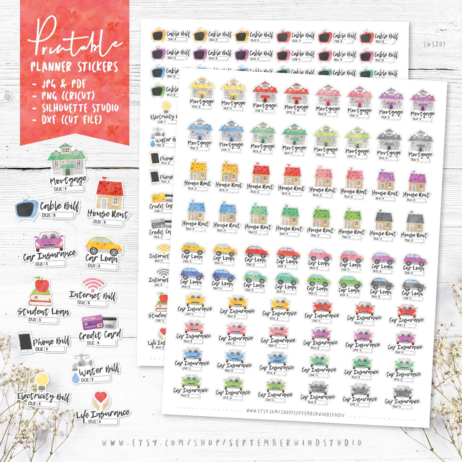 Payment Due Printable Planner Stickers, Watercolor Payment Stickers ...