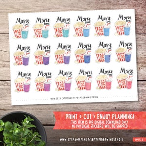 Movie Time Printable Planner Stickers, Watercolor Movie Time Stickers ...