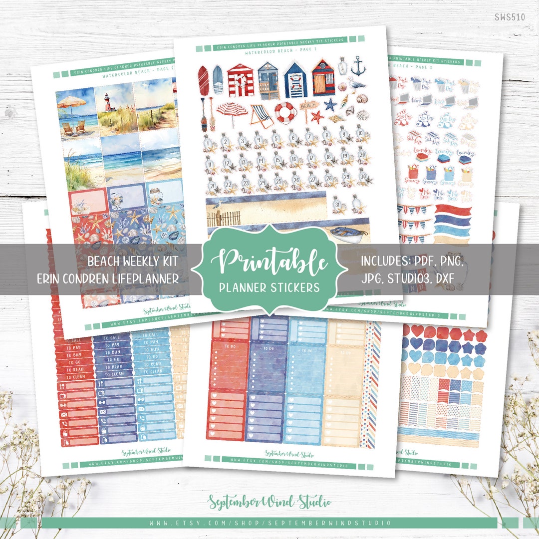 Beach Printable Planner Stickers, Vertical Weekly Kit, Watercolor Beach ...