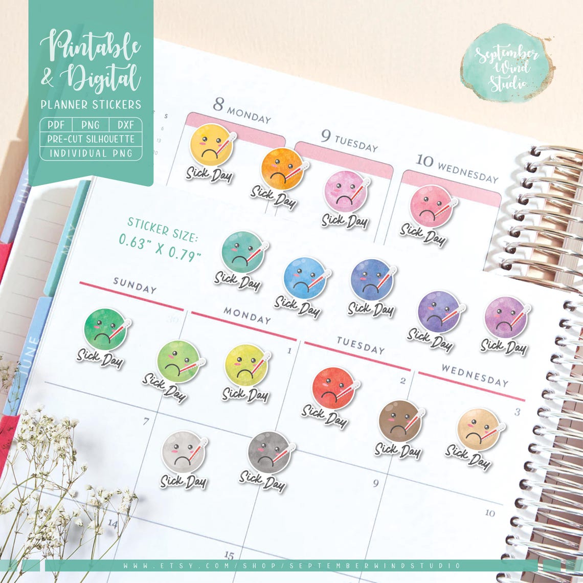Sick Day Emoji Planner Stickers: Printable & Digital (PDF, Cricut ...