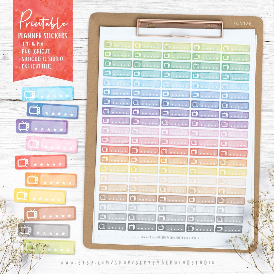 TV Movie Printable Planner Stickers, Watercolor TV Movie Stickers ...