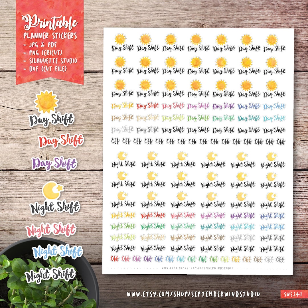 Work Shift Printable Planner Stickers, Day Shift Stickers, Night Shift ...