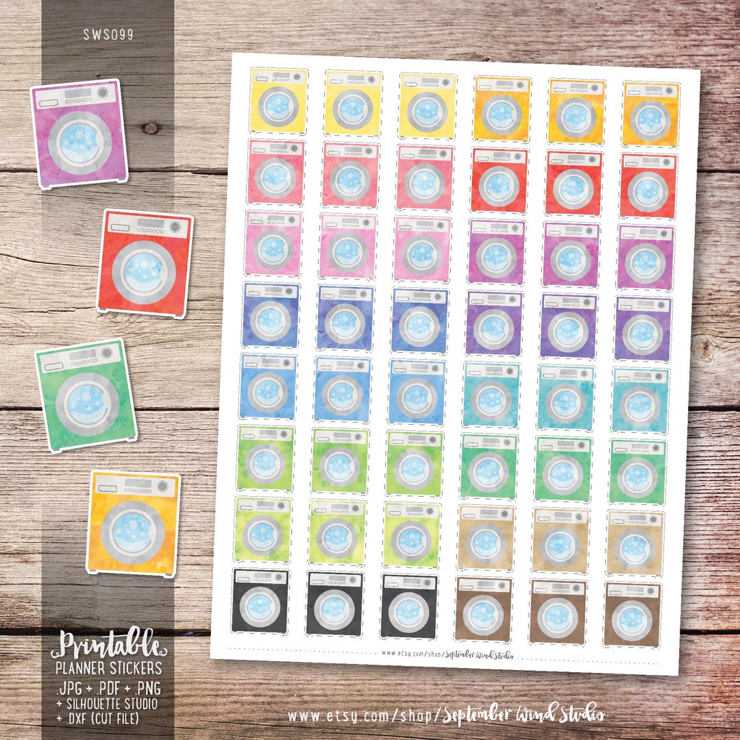 Wash Machine Printable Planner Stickers, Watercolor Laundry Stickers ...
