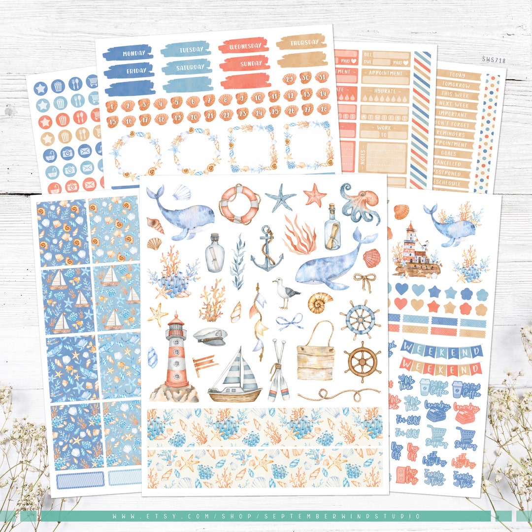 Nautical Printable Planner Stickers, Vertical Weekly Kit, Nautical ...