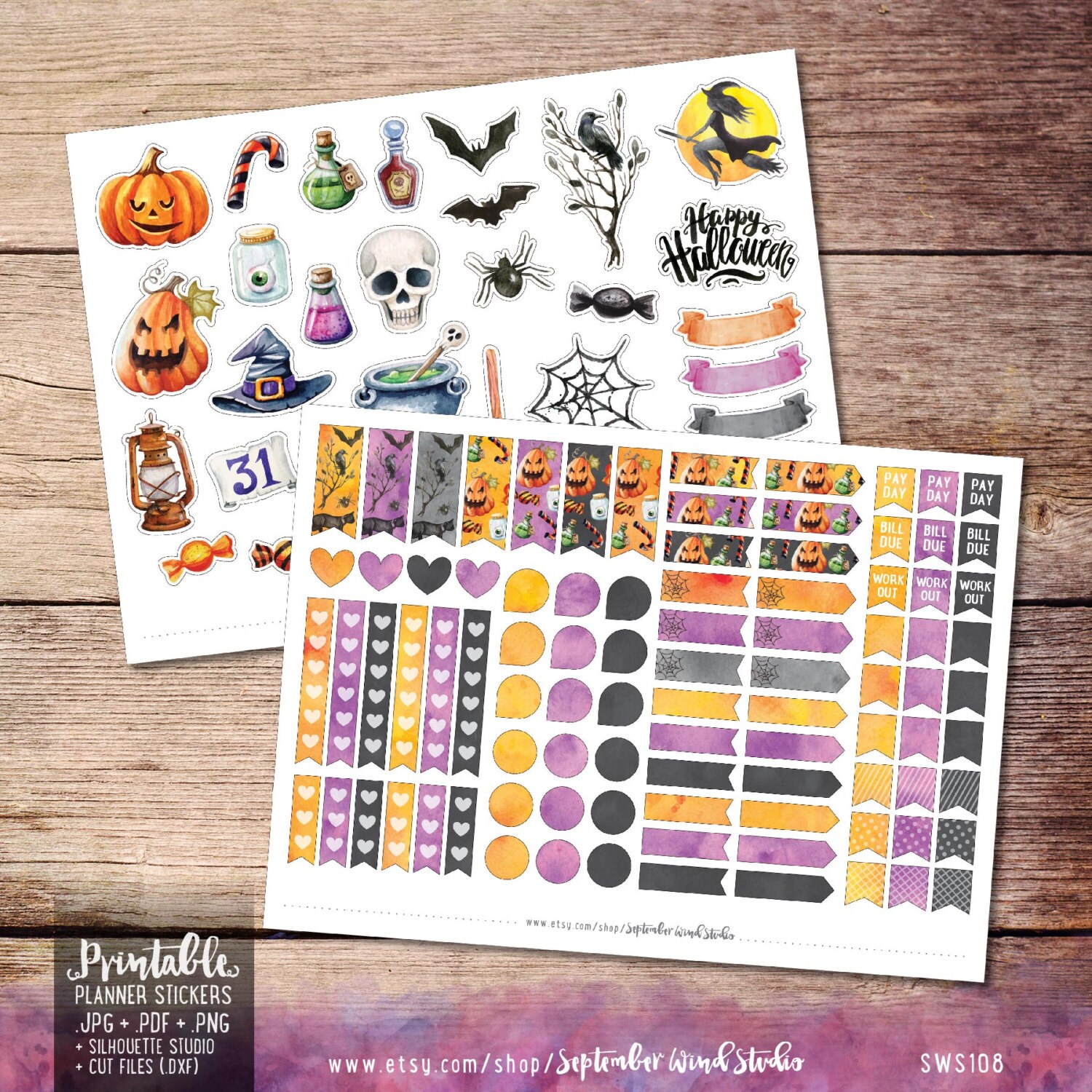 Halloween Printable Planner Stickers Watercolor Halloween | Etsy