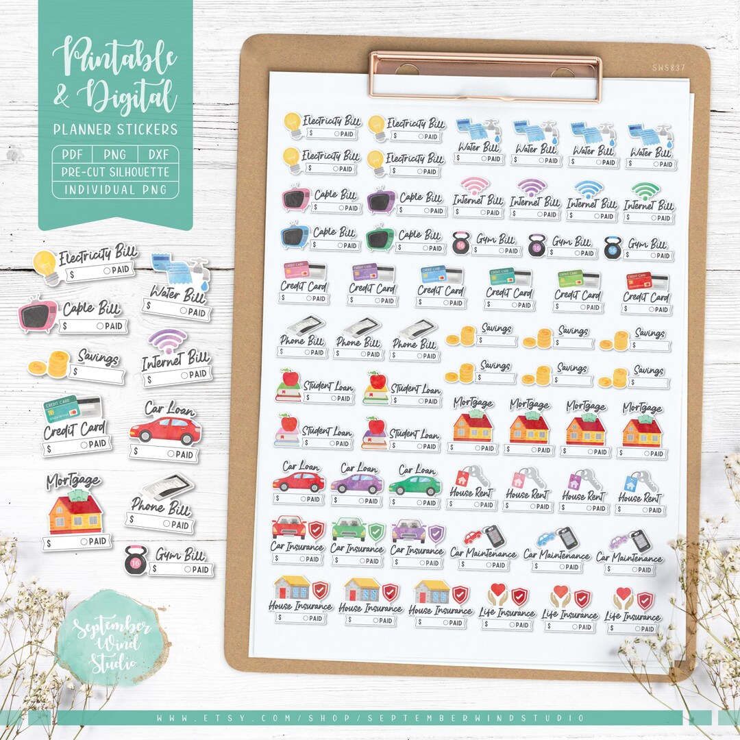 Bills Planner Stickers: Printable & Digital (PDF, Cricut, Silhouette ...