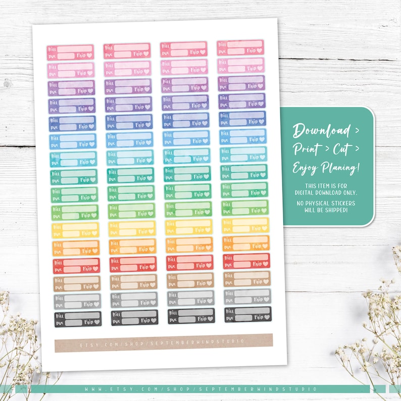 Bill Due Planner Stickers: Printable & Digital (PDF, Cricut, Silhouette ...