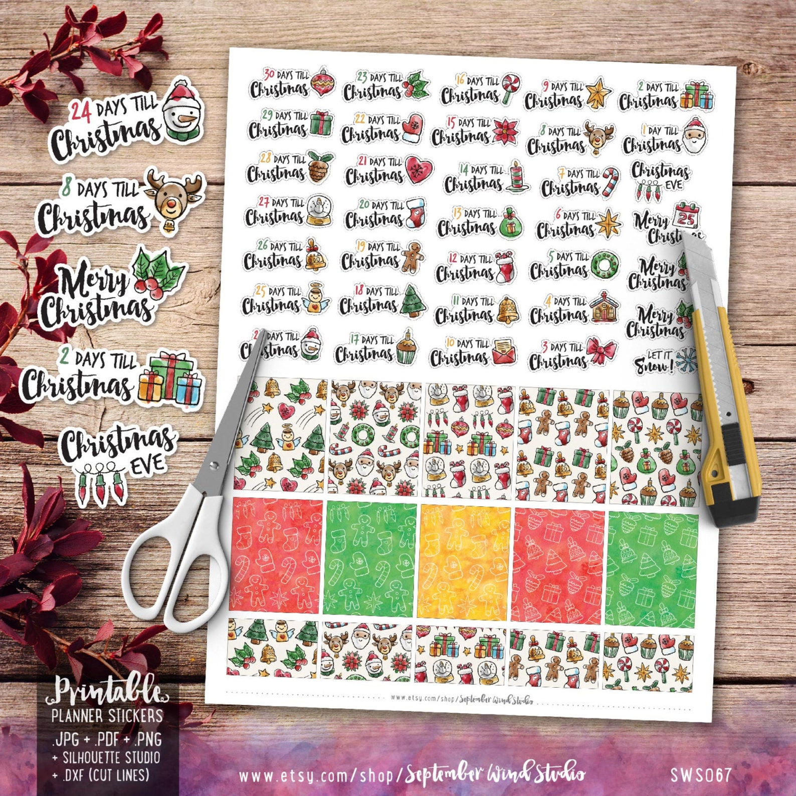 Christmas Countdown Printable Planner Stickers Watercolor | Etsy